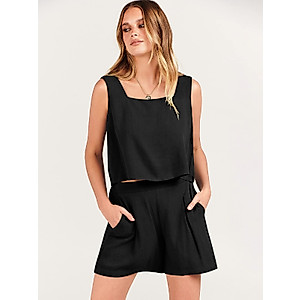 ANRABESS Womens 2 Piece Outfits Linen Square Neck Crop Short Set Lounge Matching Sets 2023 Trendy Clothes Summer Vacation Set for Beach Vacation Resort 997heise-S, Black