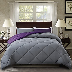 ELNIDO QUEEN 3 Pieces Comforter Set (Cal-King, Purple & Grey) - 1 Reversible Down Alternative Comforter with 2 Pillow Shams - Soft Lightweight Duvet Insert | 104x96 inch