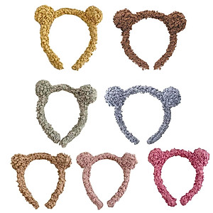 Fiarfiar Women Girls Winter Cute Bear Ears Headband Solid Color Curly Faux Fleece Hair Hoop Wash Face Makeup Bathroom Bandana Party Photo Props