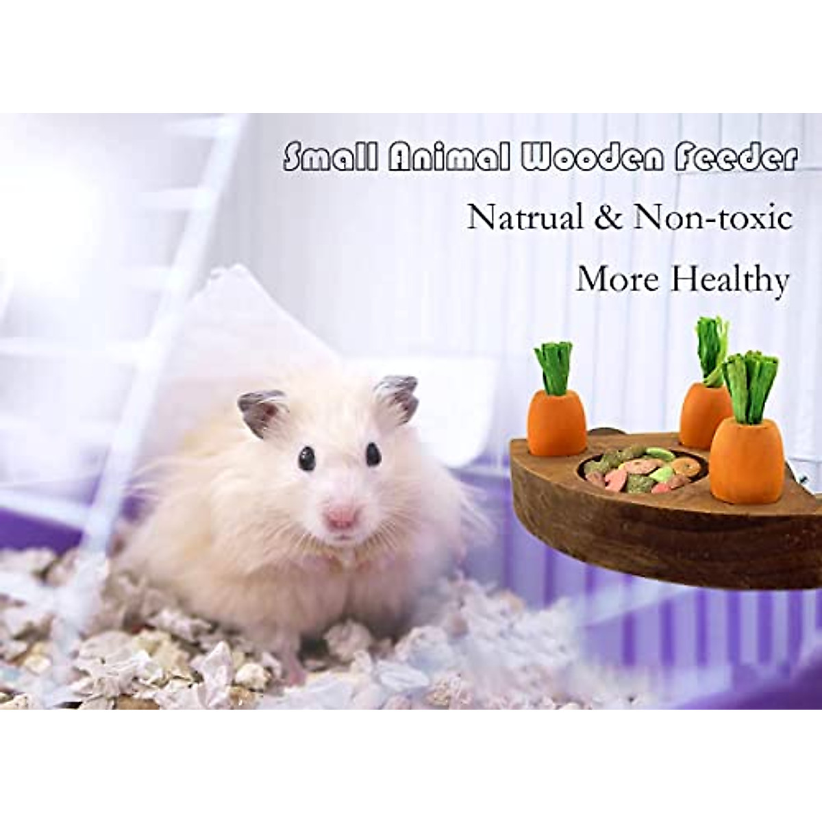 CooShou Hamsters Feeder Bowl Small Animals Guinea Pigs Corner Wooden Feeder Dishes with 3pcs Carrots Cage Feeder for Guinea Pigs, Hamster, Chinchilla Hedgehog Gerbil