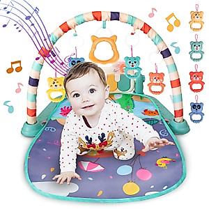 Baby Gym Play Mat, Kick and Play Piano Gym Mat for Infants, Tummy Time Mat Activity Center with Mirror for Newborn Toys 3-6-9 Months(Green)