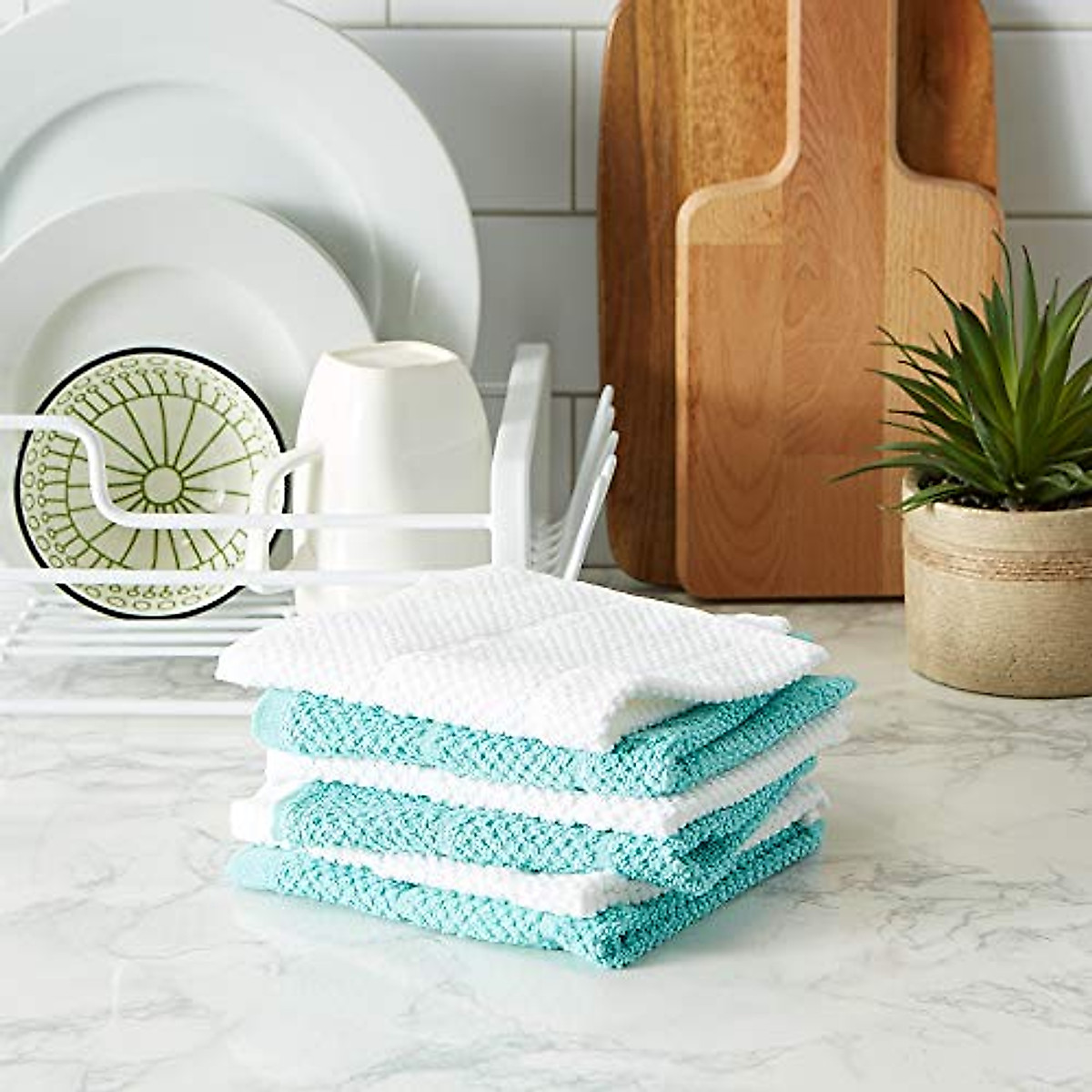 DII Basic Chef Collection, Assorted Terry Kitchen Towel Set, Dishcloth Set, Aqua, 6 Piece