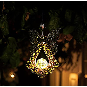 GOODME Hanging Solar Lights Outdoor Waterproof LED Solar Lantern Metal Angel Memorial Gift with Crackle Globe Glass Decoration for Porch,Patio,Yard,Garden