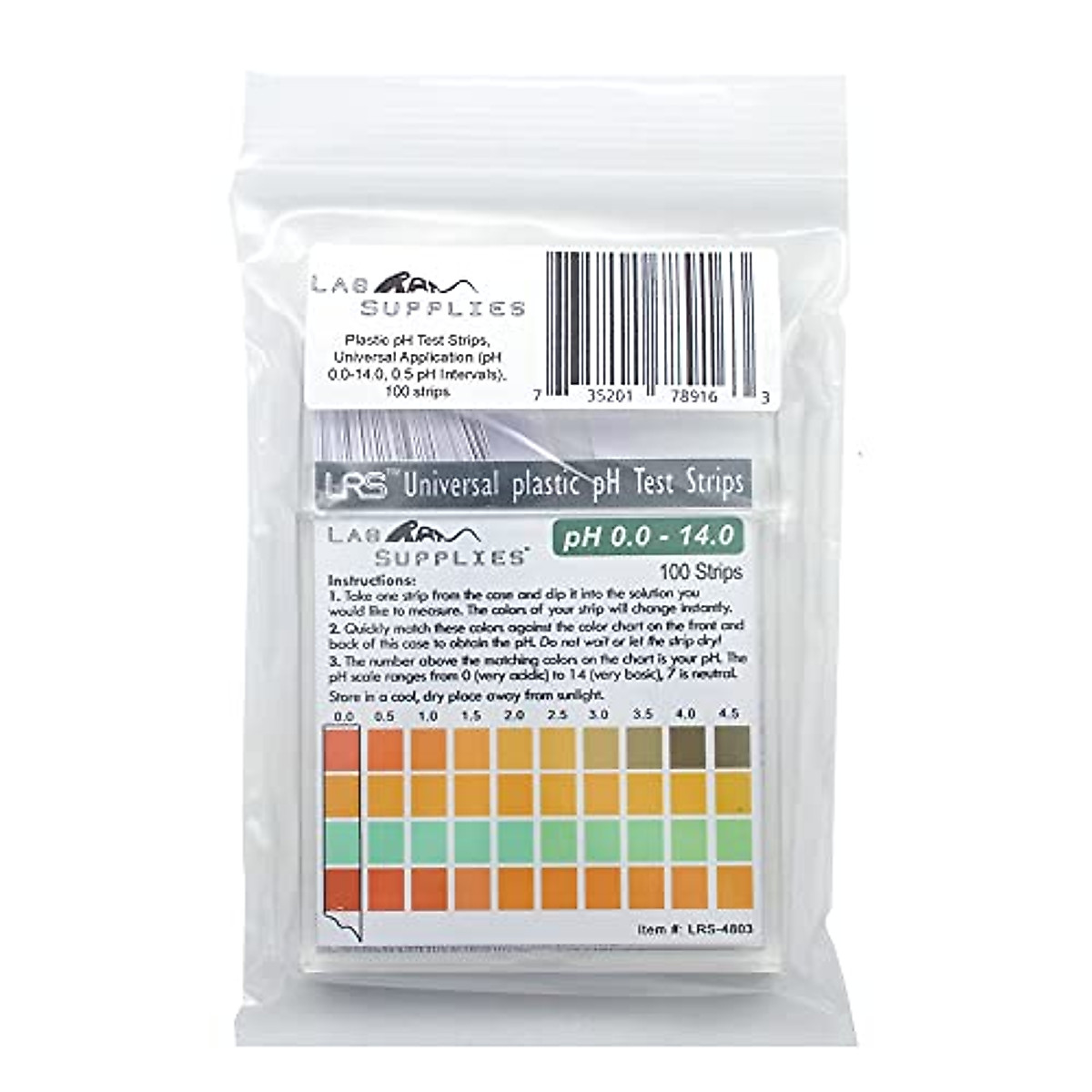 Plastic pH Test Strips, Universal Application (pH 0.0-14.0, 0.5 pH Intervals), 100 Strips
