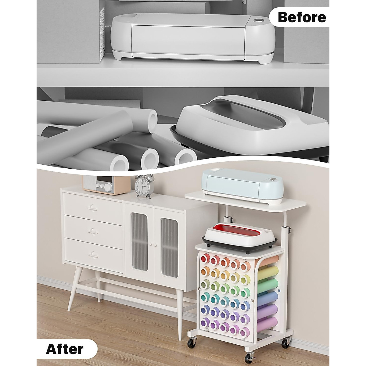 Zefinot Rolling Craft Cart with Vinyl Roll Holder and Adjustable Table Height, Craft Organizers and Storage Table Compatible with Cricut Machine for Craft Room