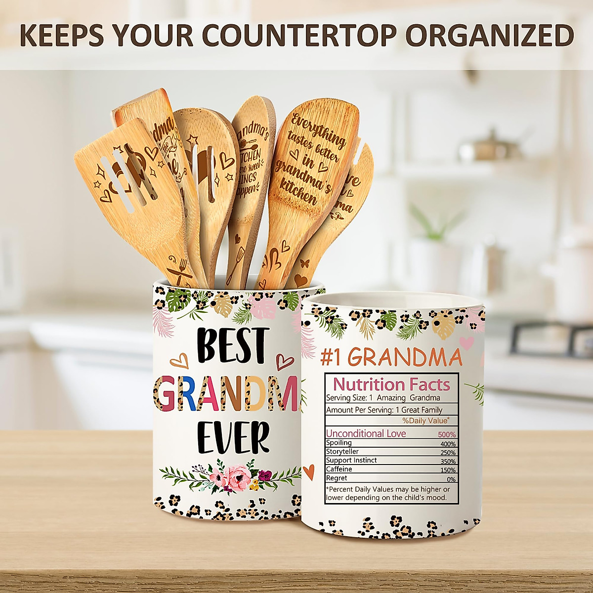 Gifts for Grandma Mothers Day, Grandma Ceramic Utensil Holder with Wooden Spoons Gifts Set, Thoughtful Gifts for Grandma from Grandkids Cooking Tools Kitchen Utensils Set with Wooden Spatulas for 6