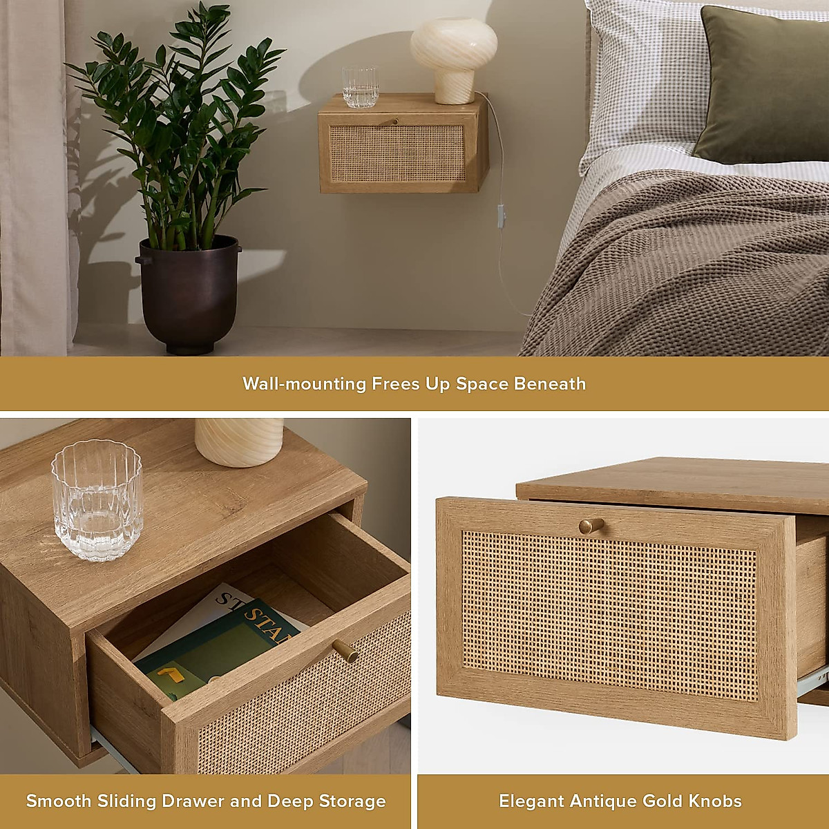 mopio Hannah Floating Nightstand, Natural Rattan Farmhouse Boho Wall Mounted Space Saving Bedside Tables, Nightstands, Drawer with Spacious Storage, for Bedroom, Living (Single)