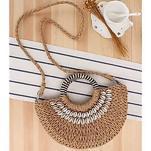 QTKJ Mini Semi-circle Rattan Straw Handbags, Hand-woven Women Summer Retro Straw Tote Bag Shoulder Bag with Shells Decoration Crossbody Bag Round Handle Beach Handbags