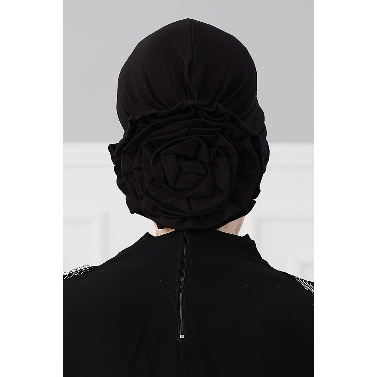 Aisha's Design Instant Turban Head Wraps For Women, 95% Cotton Pretied Hijab Scarves, Rose Detail, Black