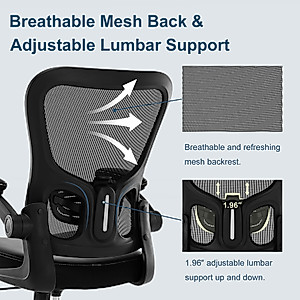 HOMIFYCO Ergonomic Office Chair with Lumbar Support, Adjustable PU Leather Computer Chair, Executive Desk Chair with Flip-up Arms, Breathable Mesh Back, Swivel Rolling Task Chair for Home Office Black