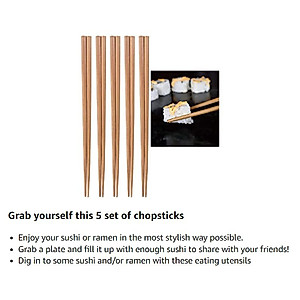 Luxxii 9.5" Natural Chinese Bamboo Wooden Chopsticks Set Reusable Classic Style Wood Chopsticks (5 Pairs)