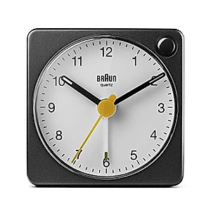 Braun Classic Travel Analogue Alarm Clock with Snooze and Light, Compact Size, Quiet Quartz Movement, Crescendo Beep Alarm in Black and White, Model BC02XBW.