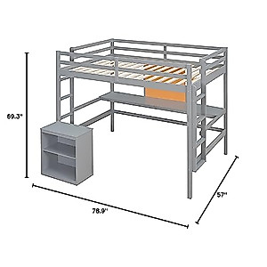 Lifeand Full Size Loft Bed with Desk and Writing Board, Wooden Loft Bed with Desk & 2 Drawers Cabinet,Gray