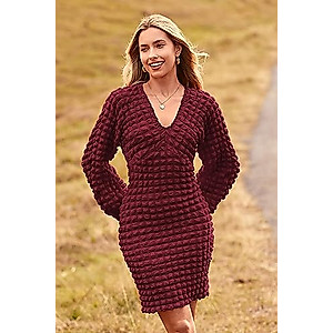 PRETTYGARDEN Women's Fall Mini Bodycon Dress Long Puff Sleeve V Neck Fitted Party Club Dresses (Wine Red,X-Large)