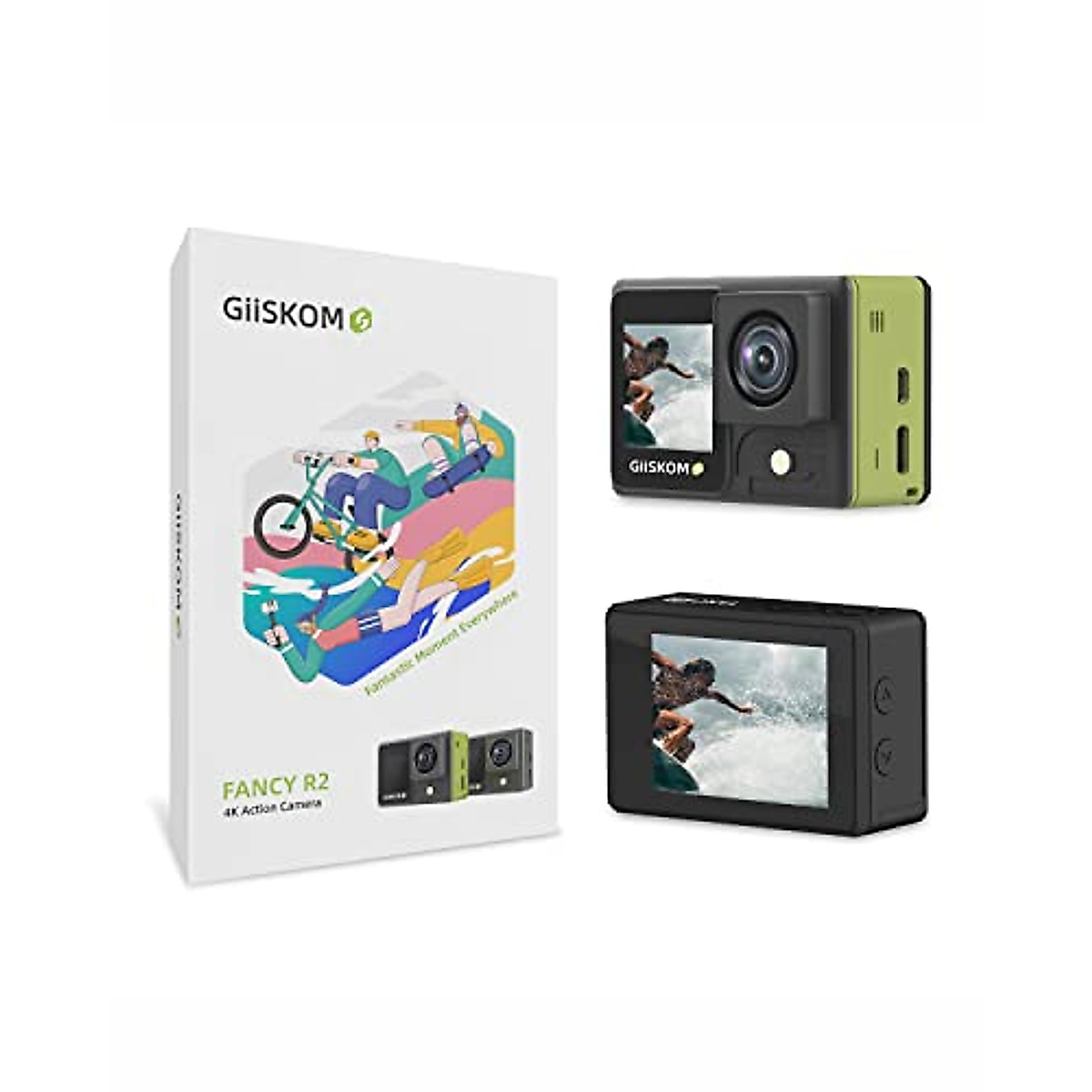 GIISKOM Fancy R2 Action Camera 4k/60FPS 24MP in Dual Screen, 95FT Waterproof Underwater Camera for Snorkeling, Sports Camera with Image Stabilization Matchs Mounting Bundles for Vlog (Green)