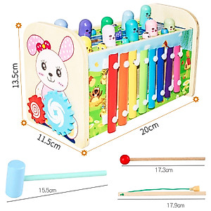 Aomola Wooden Hammering Pounding Toy Bench with Fishing Game, Xylophone, Moving Gears, Clock, Educational Montessori Musical Toys Gifts for Toddlers Kids Baby Boys Girls