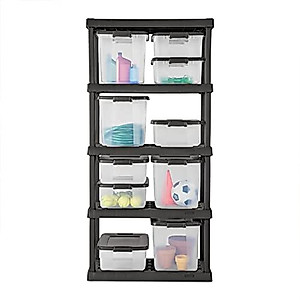 Sterilite ShelfTotes 50 Quart Clear Latched Stacking Plastic Storage Container with Gray Lid for Garage or Basement, (12 Pack)