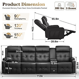Recliner Sofa, Massage Reclining 4 Seater Sofa Sets Heavy Weight Capacity, RV Loveseat Couch Clearance with Console, USB, Type C Port, Storage, Cup Holders, Wall Hugger Chair for Living Room, Black