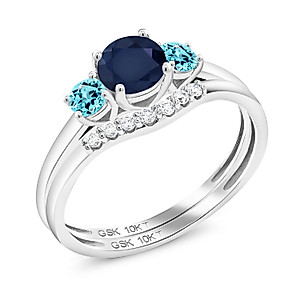 10K White Gold Blue Sapphire and Swiss Blue Topaz and White Lab Grown Diamond 3-Stone Bridal Engagement Wedding Ring Set For Women (0.97 Cttw, Gemstone September Birthstone, Round 5MM, Size 5)
