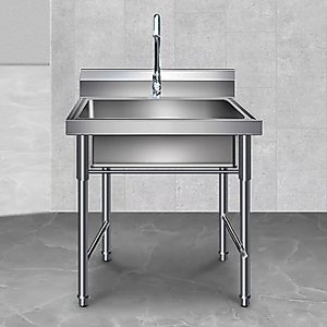 Katzowen Stainless Steel Kitchen Sink Home Commercial Sinks Outdoor Indoor Freestanding Single Bowl Sinks, for Restaurants, Catering, Laundry Room, Garage, Easy to Use and Clean 50×50×80cm