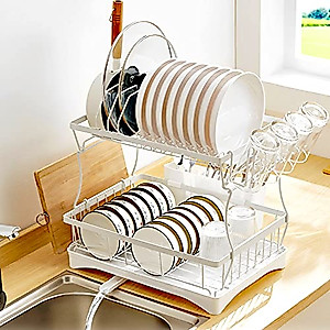 ParkNbuy Dish Drying Rack,2-Tier Detachable Dish Racks for Kitchen Counter,Large Capacity Dish Drying Rack Drainboard Set with Utensil Pots Holder and Cutting Board Holder White