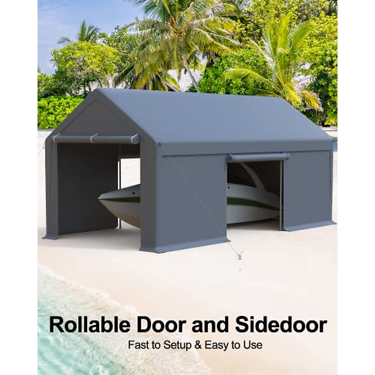 DEXSO Carport 13'x20' Portable Garage, with Heavy Duty Carport Canopy, Reinforced Steel Poles and 4 Roll-up Doors, for Pickup, Boat, and Equipment, Silver Gray