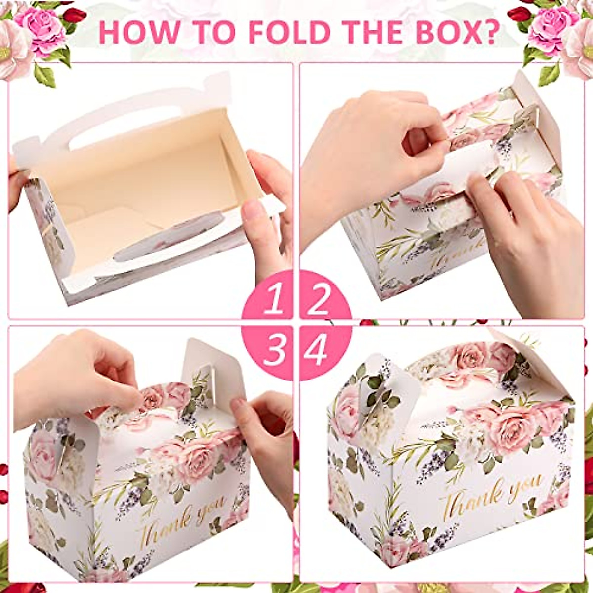 Xinnun 50 Pcs Thank You Treat Boxes Floral Design Gift Boxes Gable Boxes Party Favor Boxes for Tea Party, Wedding, Thanksgiving Day, Christmas