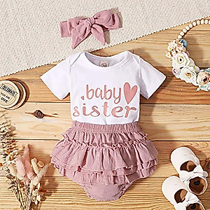 Dimoybabe Baby Girl Clothes Stuff Newborn Infant Summer Cute Outfit Cotton Ruffle Short Sleeve Romper + Floral Pants + Headband White Pink Baby Sister 0-3 Months 70CM