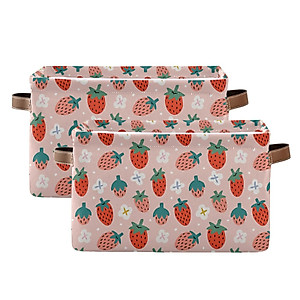 YETTASBIN Cute Strawberry Storage Basket 1pc, Large Collapsible Toys Clothes Organizer, Durable Canvas Storage Bin with Handle for Shelves Closet Laundry Home Office Decor