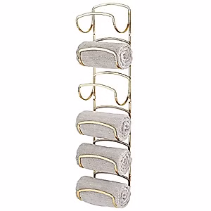 mDesign Steel Towel Holder for Bathroom Wall - Wall Mounted Organizer for Rolled Towels and Bath Robes - Six Level Wall Mount Towel Storage Rack - Bathroom Towel Organizer, Hyde Collection, Soft Brass