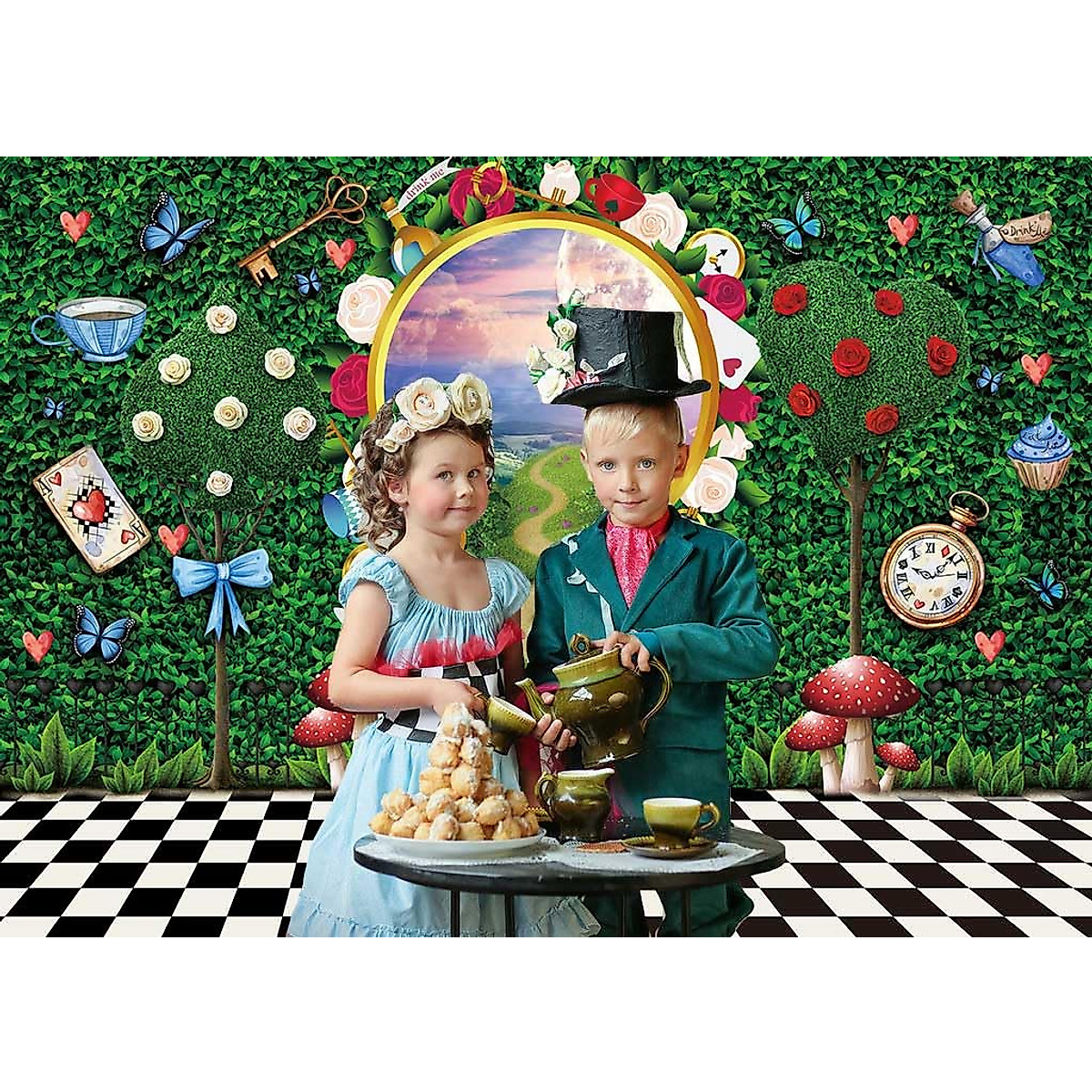 Wonderland Backdrop for Photography Wonderland Tea Party Decorations 8x6FT Fairy Tale Castle Rabbit Green Leaf Birthday Background for Kids Baby Shower Newborn Portrait Photo Props