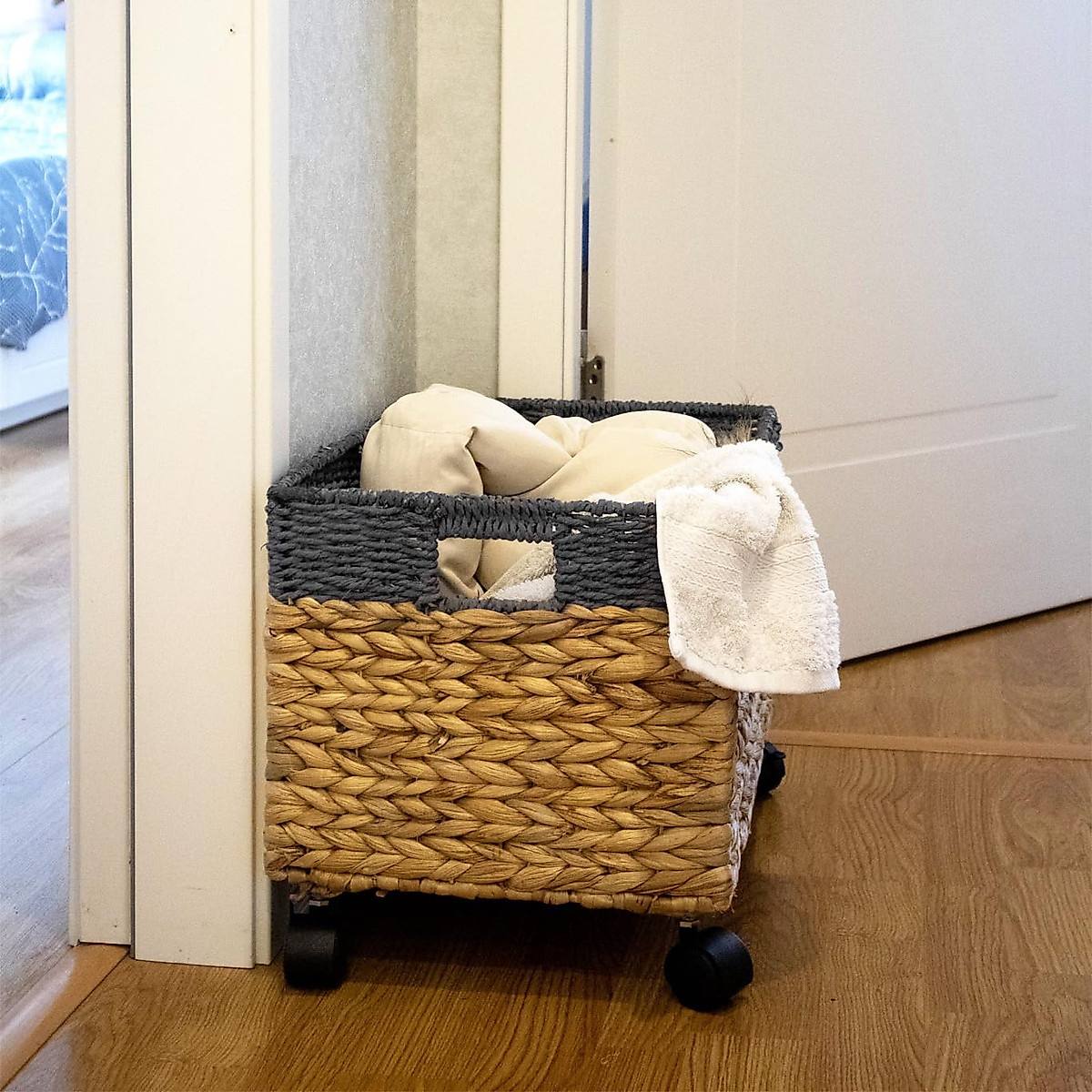 PEMAR Set 2 (different sizes nesting in a set) Natural Wicker Rolling Storage Baskets on Wheels w Insert Handle, Under Table Under Desk Storage Bins, Mobile File Cabinet Organiser. Water Hyacinth