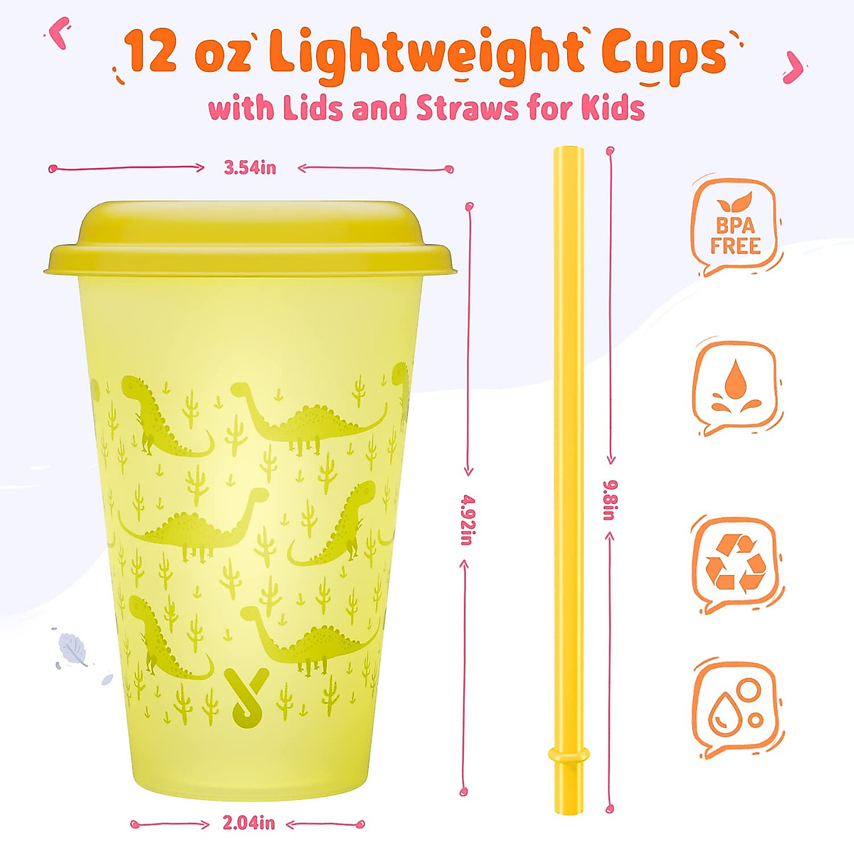 Meoky Color Changing Cups with Lids and Straws - 12 Pack 12 oz Plastic Tumblers with Lids and Straws Bulk, Kids Cups with Straws and Lids for Girls Boys Party Smoothie, Reusable Cute Cups (Childhood)