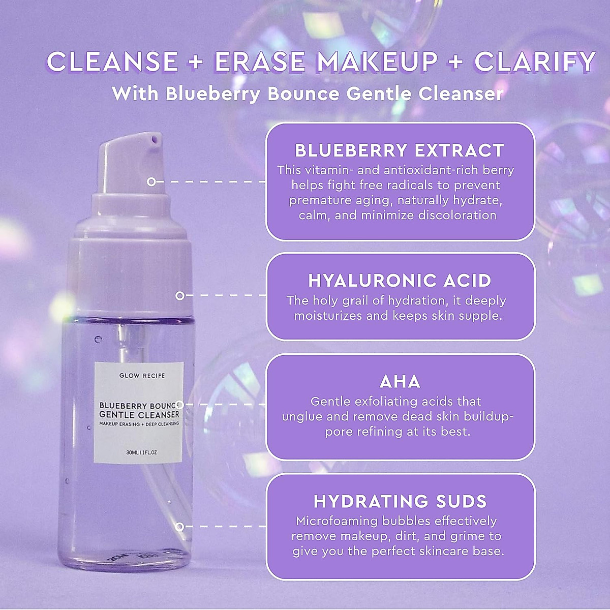 Glow Recipe Blueberry Bounce Gentle Face Cleanser Travel Size - 3-in-1 Foaming Double Cleanser, Makeup Remover & Clarifying Mask - Hydrating Hyaluronic Acid, Blueberry Extract & Exfoliating AHA (30ml)