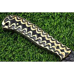 Carbon steel blade Bull cutter knife, 8.5 inches long knife with Leather sheath, Multi color Micarta scale Jigged with sturls, Embossed carbon steel blade, Embossed Leather sheath with belt loop (Black and Beige)