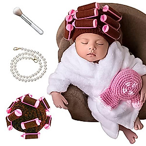 Newborn Photography Props Crochet Curler Hat Baby Photo Props Curler Hat Hair Spa Makeup Salon Halloween Party Infant Hat Baby Granny Wig Baby Photoshoot Prop Newborn Caps Christmas