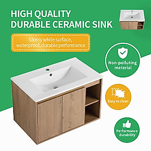 San Merah 30" Wall-Mounted Bathroom Vanity with Sink - Floating Single Door Cabinet & Right Shelf, Space-Saving Modern Design for Small Bathrooms, Ceramic Basin Combo