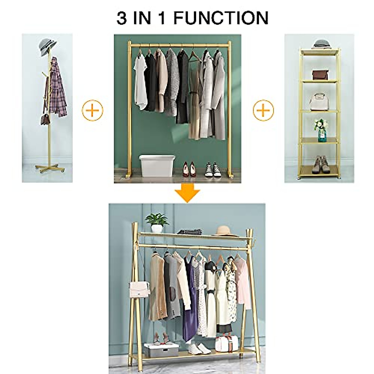 Clothes rack Gold, Freestanding Industrial Garment Rack with Double shelves Multi-functional Bedroom Hanging Clothing Rack,Heavy Duty Movable Coat Rack for Organizing Clothes and Shoes (59'' L)