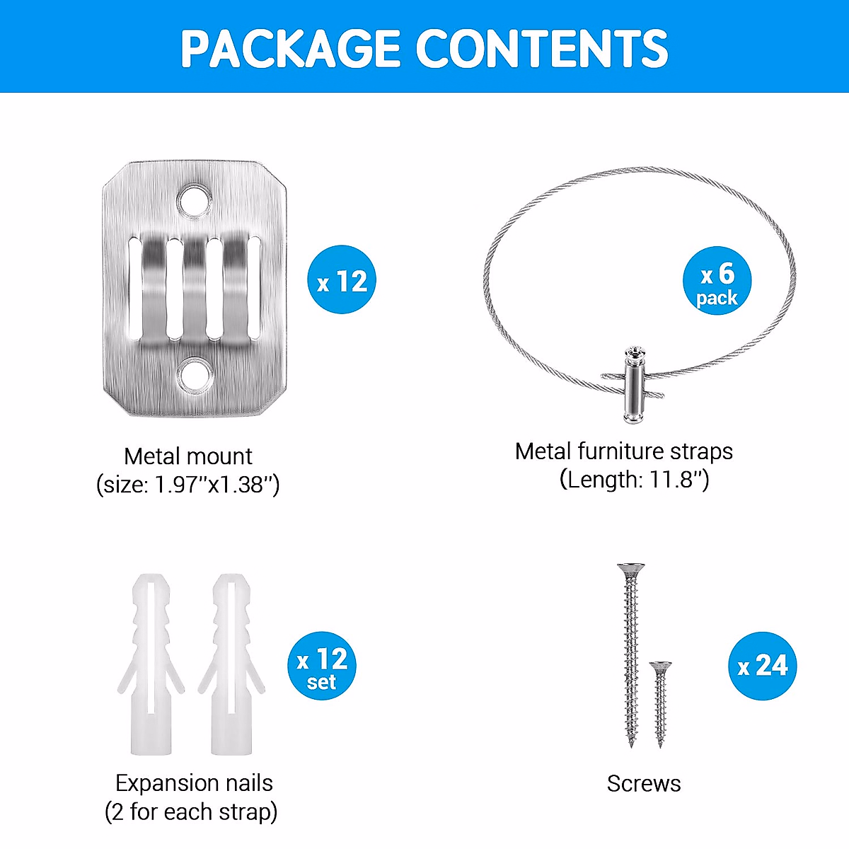 Furniture Anchors (6 Pack) Metal Anti Tip Furniture Straps for Baby Proofing Adjustable Child Safety Wall Furniture Anchors Kit