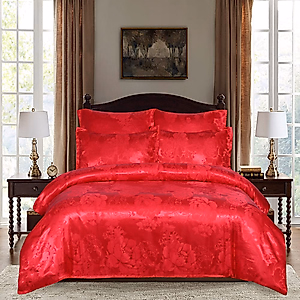 Satin Duvet Cover Queen Size, Floral Jacquard Satin Duvet Cover Set 3 Piece Luxury Silk Like Bedding Comforter Cover Set 90"x90", 2 Piece Pillowcase with Zipper Closure & Corner Ties (04,Queen)