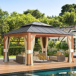 EROMMY 12'X14' Gazebo, Wooden Grain Aluminum Frame Canopy with Galvanized Steel Hardtop Roof, Outdoor Permanent Pavilion with Curtains and Nettings for Patio, Backyard, Deck