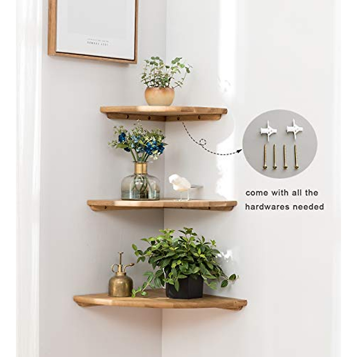 3pcs Oak Corner Shelf Wall Mount Set Round End Floating Speaker Shelf Display Shelf for Small Plant Photo Frame,Storage for Bedroom Kitchen,Living Room,Office