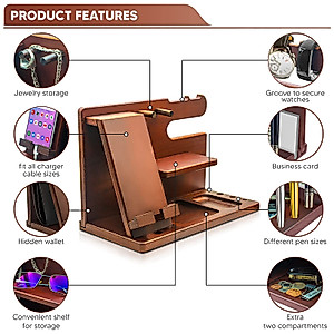 Wood Phone Docking Station Gifts for Men Him Husband Dad Boyfriend - Stylish Nightstand Organizer for Men Wooden Bedside Watch Stand Wallet Desk Organizer (Brown)