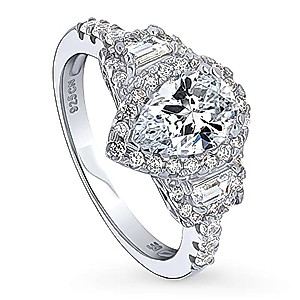 BERRICLE Sterling Silver 3-Stone Wedding Engagement Rings Pear Cut Cubic Zirconia CZ Halo Ring for Women, Rhodium Plated Size 7