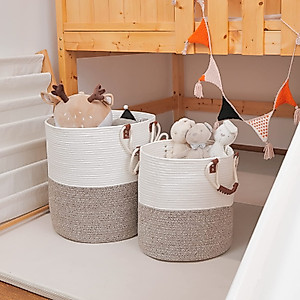 WSNYY Cotton Rope Basket, Storage Basket, Woven Laundry Hamper, Toy Storage Bin, Nursery Storage Basket, Baby Bin Organizer, White & Brown, 13.7x15.7 Inches