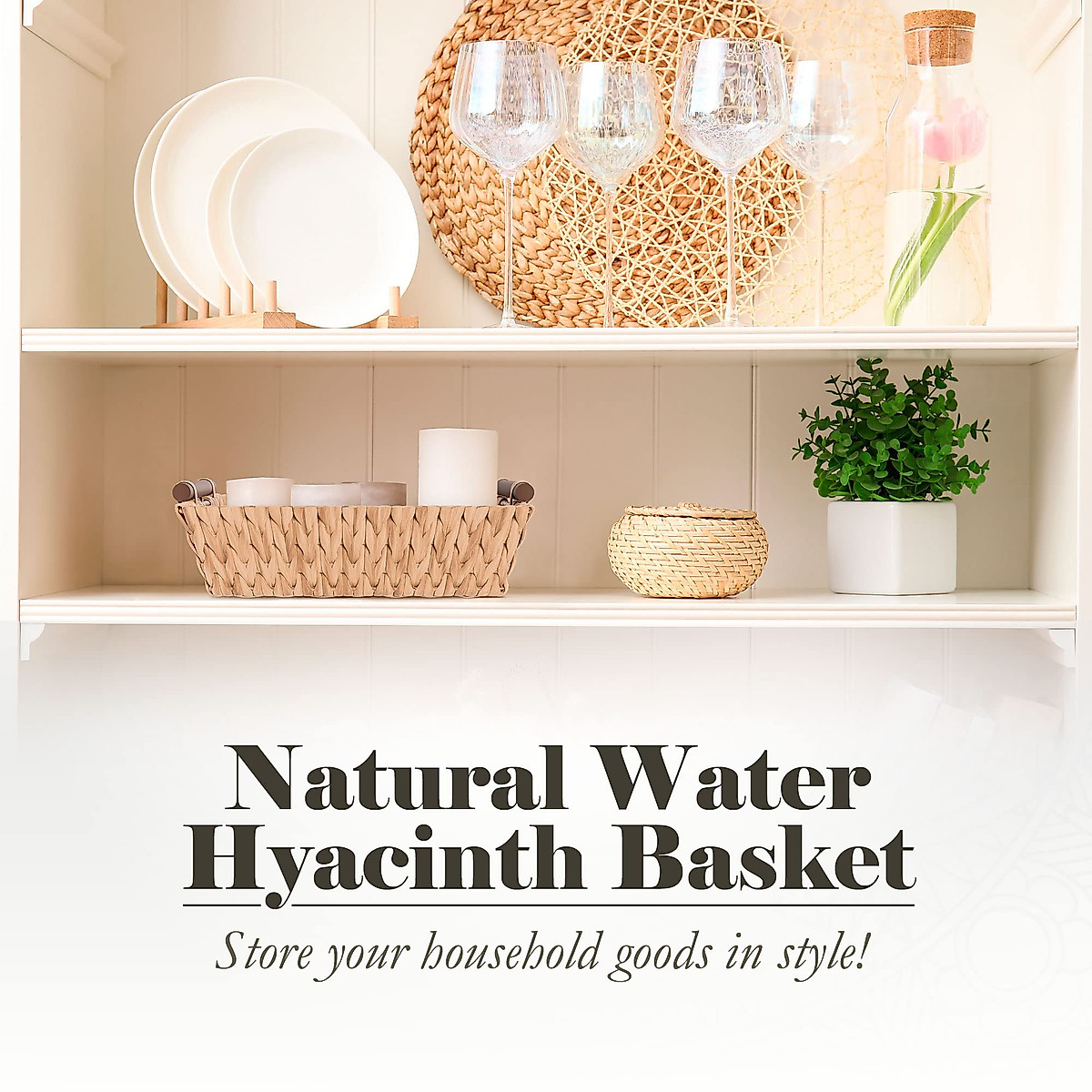 American Atelier Water Hyacinth Wicker Basket with Handles | Square Woven Wicker Storage Baskets with Builtin Carry Handles | Laundry Storage or Pantry Bin | Natural Weave | American Atelier