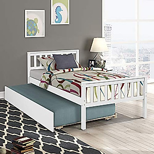 Twin Platform Bed with Trundle, Solid Wood Bed Frame with Headboard, Footboard for Teens Boys Girls,No Box Spring Needed (White)