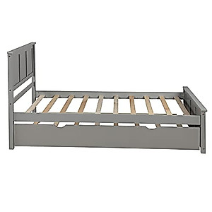 Merax Twin Size Platform Bed with Trundle, Twin Bed Frame with Headboard/Mattress Foundation/Strong Slat Support/No Box Spring Needed, Grey