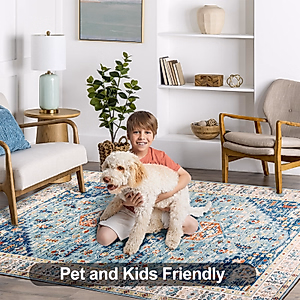 BESTSWEETIE Area Rug 9x12 Rugs for Living Room 9 x 12 Washable Rugs Non Slip Vintage Boho Living Room Rugs for Bedroom Dining Room, Distressed Pattern Carpet, Blue Multi