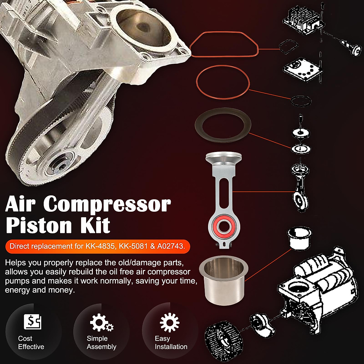 KK-4835 Compressor Piston Kit Connecting Rod Replacement Kit Perfectly Fits for Sears Craftsman Devildiss Dewalt Porter Cable Oil Free Air Compressor Pump, Comparable to KK-4835 KK-5081 A02743